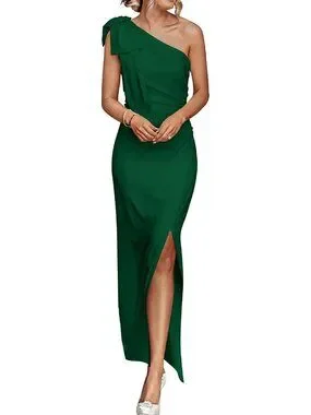 Dresses | Womens Summer One Shoulder Long Formal Dark Green Sleeveless ...
